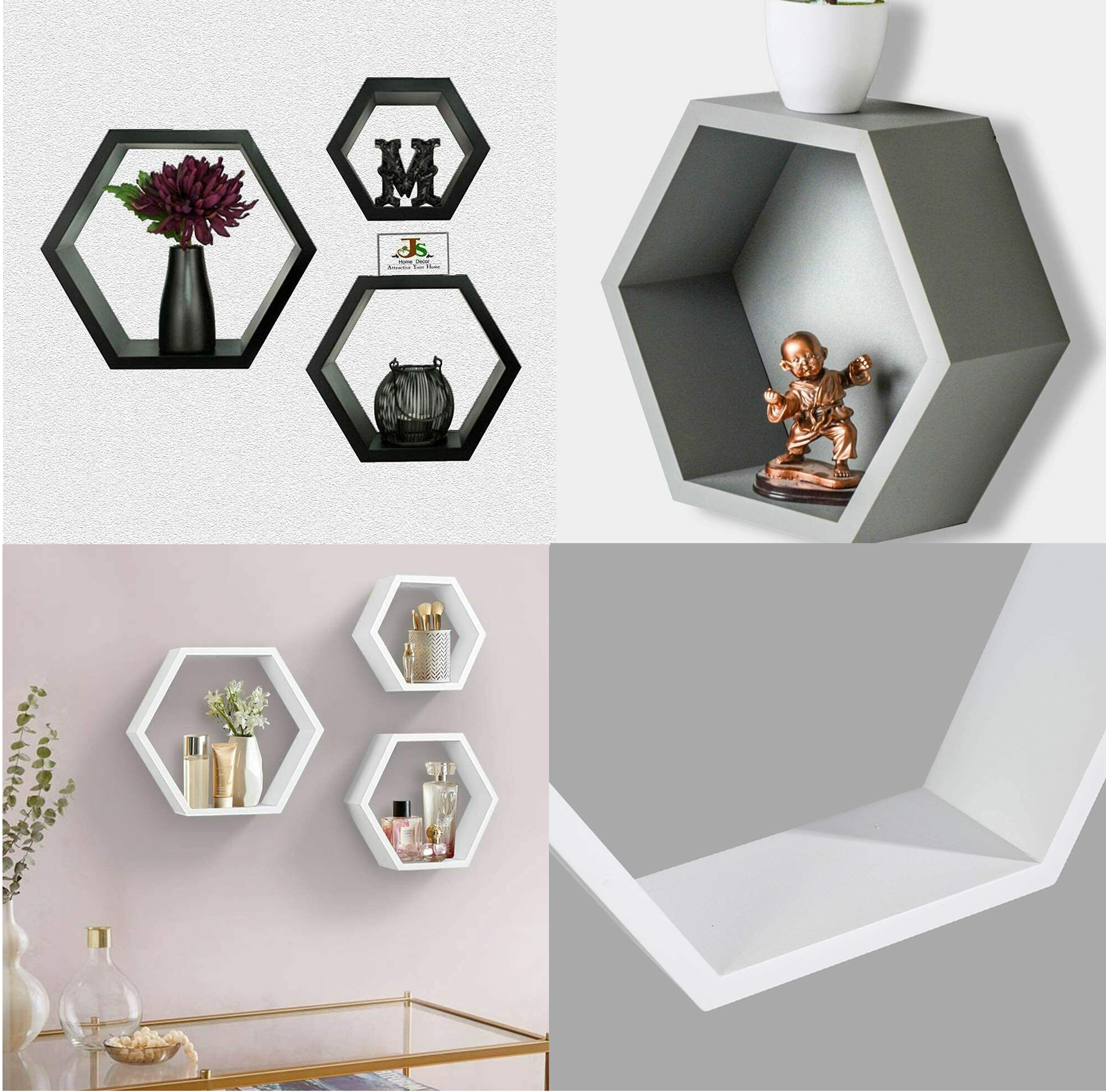 Floating wall shelf hexagonal Set of 3 storage rack book Wall hanging ...