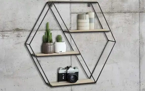 Floating Hexagonal 3 Tier Black Metal And Wood Wall Shelve – HOMION