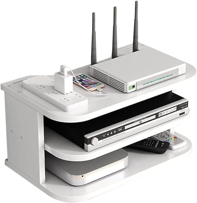 White Media Shelf WiFi Router Storage Box Wall-Mounted Multi-Layer ...